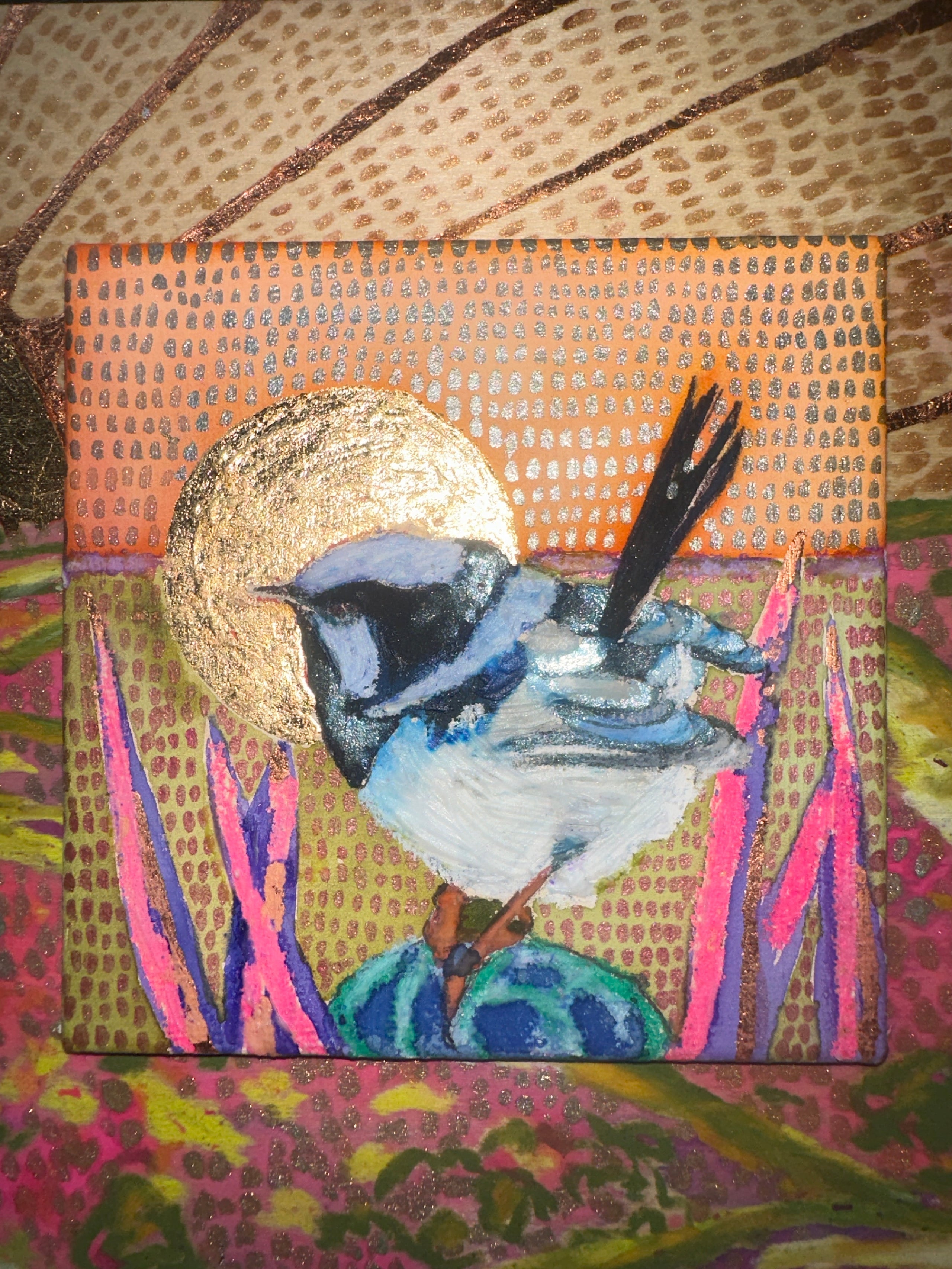 SOLD Mini canvas art Kissing Wrens with a golden sun. Includes delivery ...